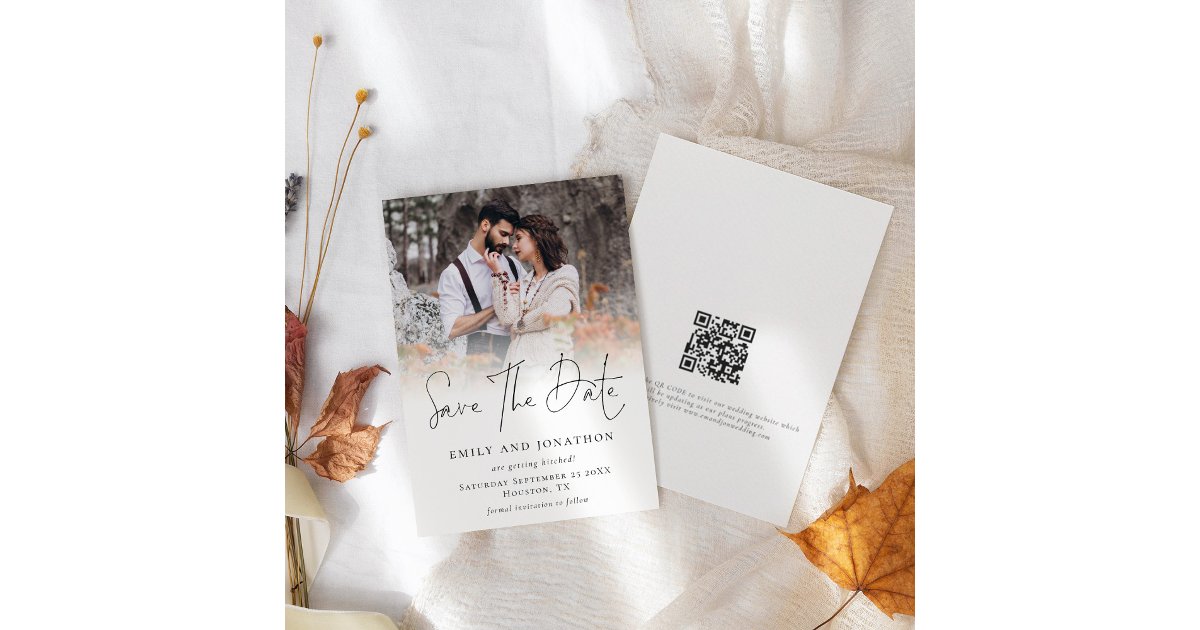 Modern Photo Overlay QR Code Script Wedding Save The Date | Zazzle