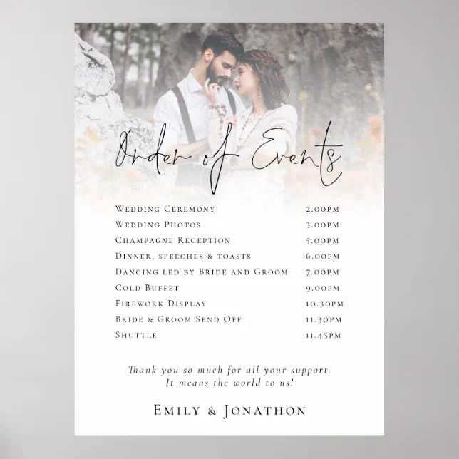 Modern Photo Overlay Reception Order of Events Poster | Zazzle