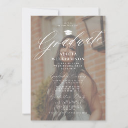 Modern photo overlay script graduation party invitation | Zazzle