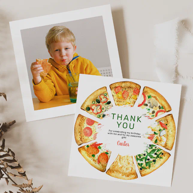 Modern Photo Pizza Birthday Party Thank You Card | Zazzle