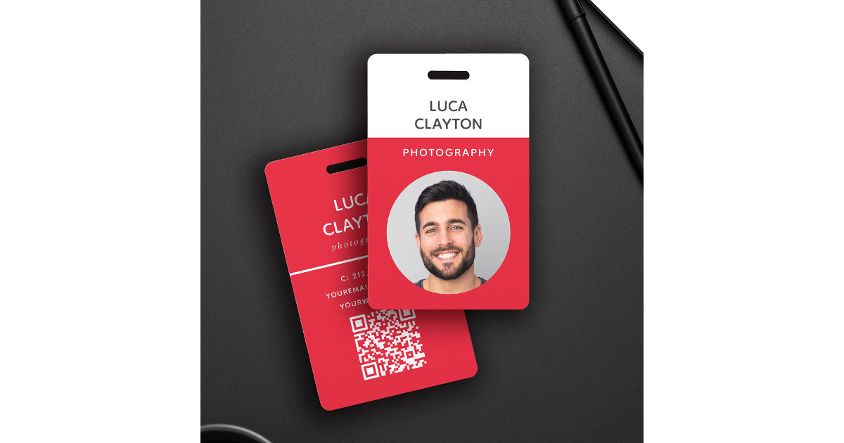 Modern Photo Professional QR code Logo Red Name Badge | Zazzle