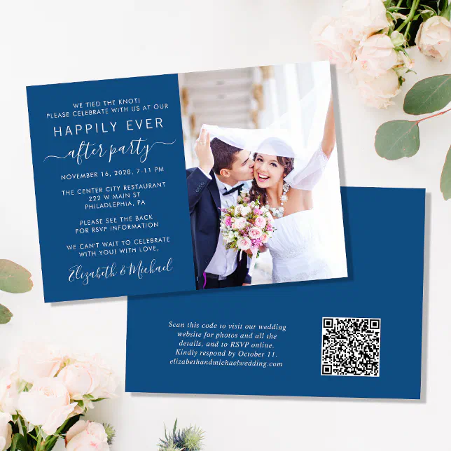 Modern Photo QR Code Blue Wedding Reception Invitation | Zazzle