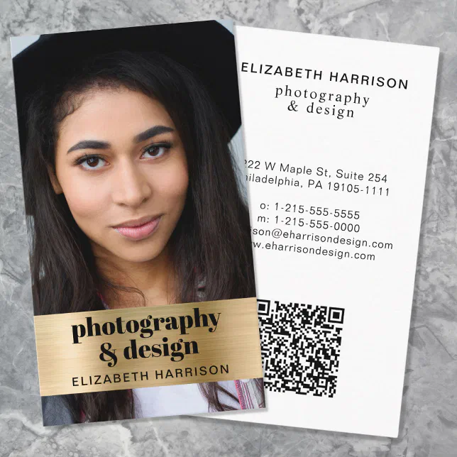 Modern Photo QR Code Gold Business Card | Zazzle