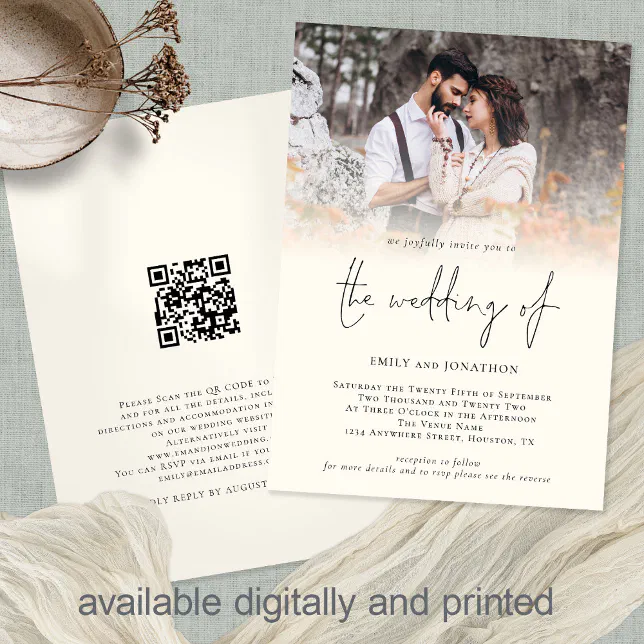 Modern Photo QR Code Script Cream Wedding Invitation | Zazzle