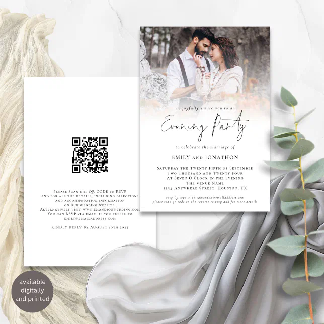 Modern Photo QR Code Wedding Evening Party Invitation | Zazzle