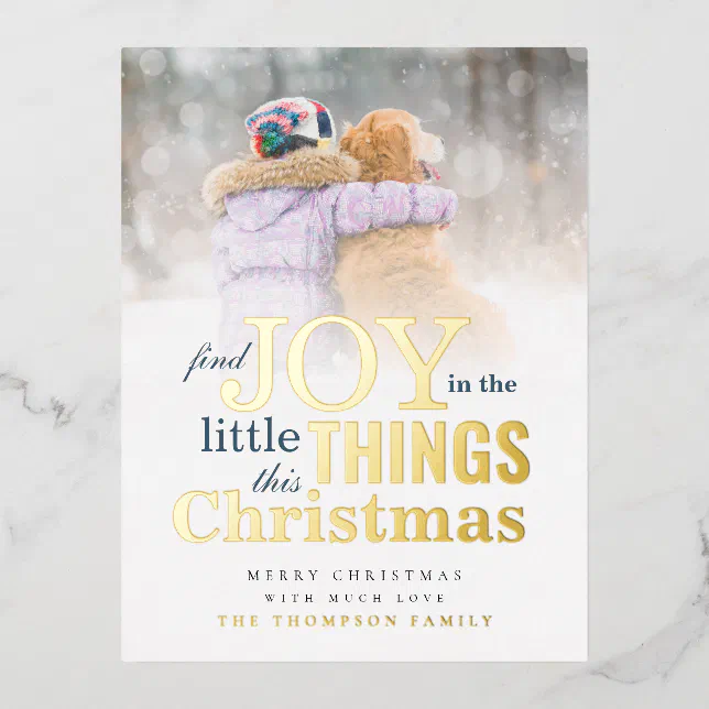 Modern Photo Quote Find Joy Christmas Real Foil Holiday Postcard | Zazzle