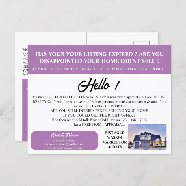 Modern Photo Real Estate Expired Listing Postcard | Zazzle
