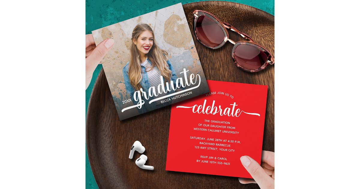 Modern Photo Red Graduation Invitation | Zazzle