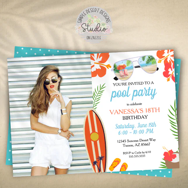 Modern Photo Retro Tropical Pool Party Birthday Invitation | Zazzle