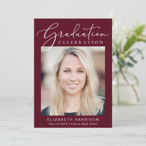Modern Photo Script Burgundy Graduation Party Invitation | Zazzle