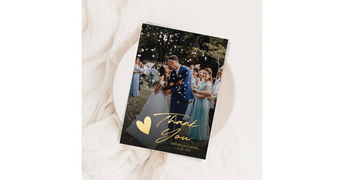 Modern Photo Script Heart Wedding Thank You Foil Greeting Card | Zazzle