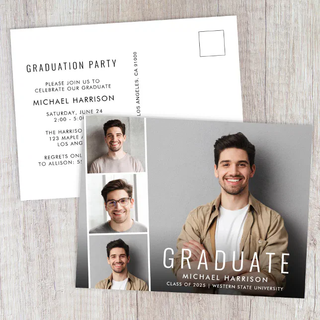 Modern Photo Strip Graduation Party Invitation Postcard | Zazzle