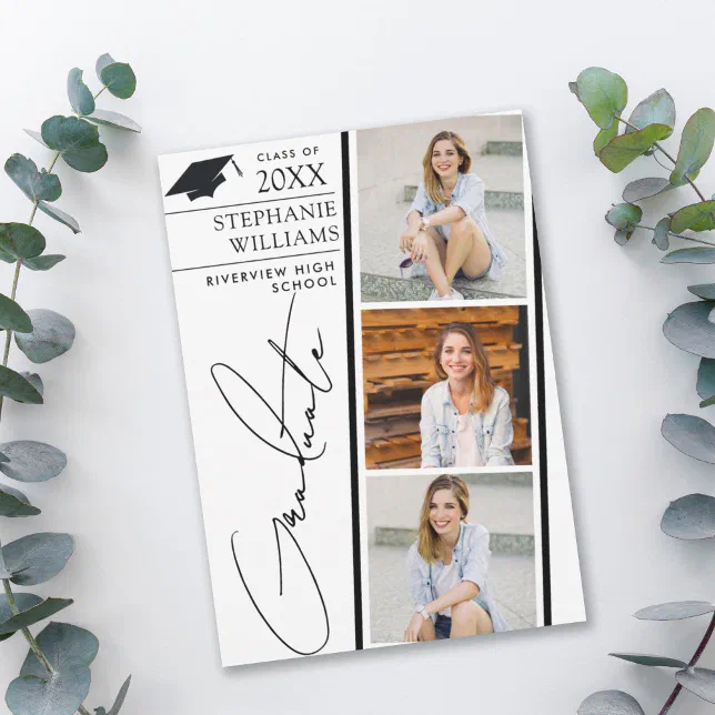 Modern Photo Strip White Graduation Announcement | Zazzle