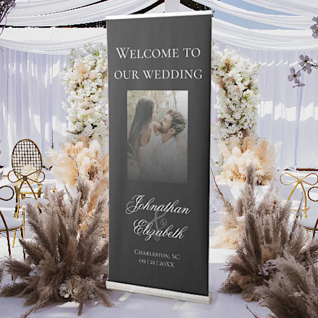 Modern Photo with Black Overlay Wedding Welcome Retractable Banner | Zazzle