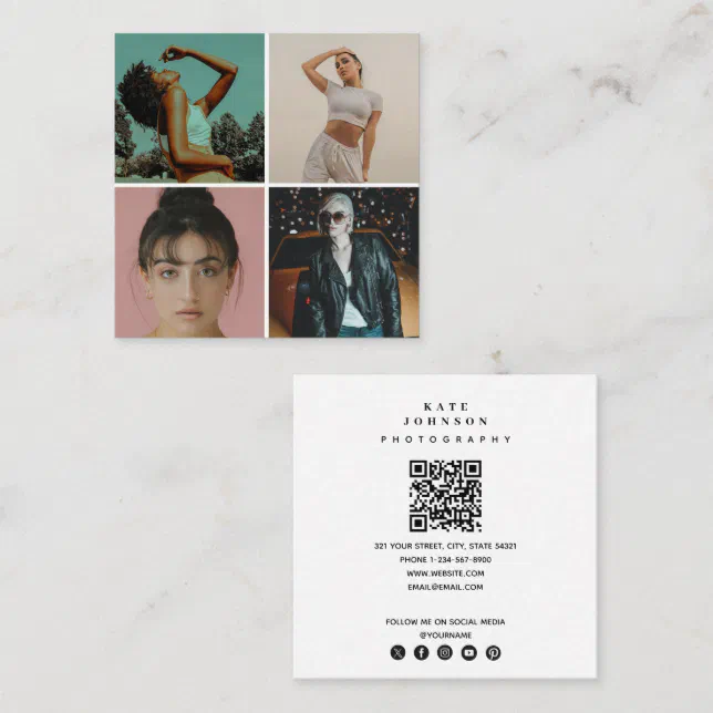 Modern Photographer 4 Photos Grid QR Code Square Business Card | Zazzle