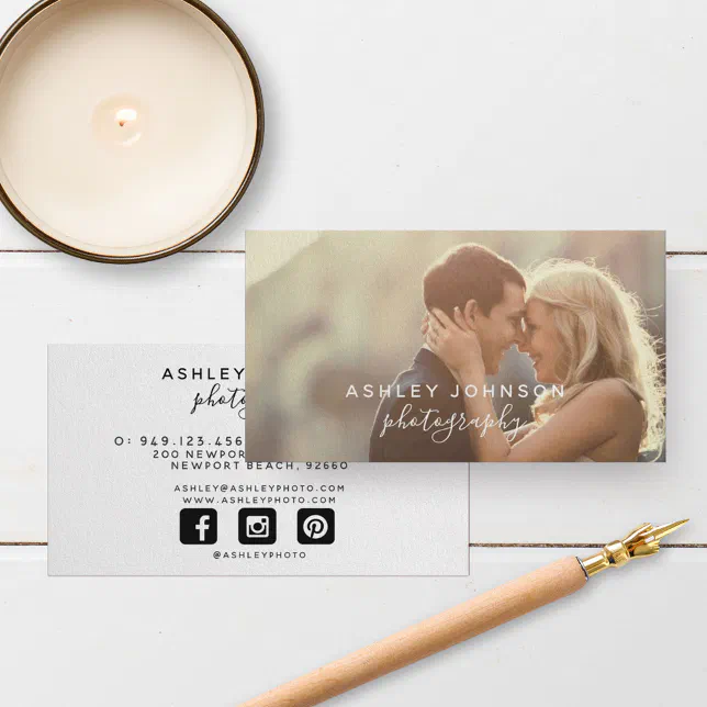 Modern Photographer Script Social Media Photo Business Card | Zazzle