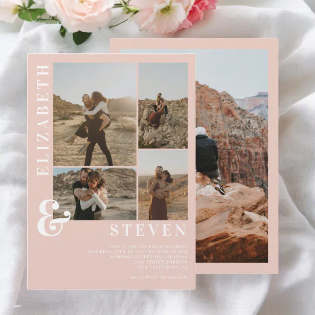 Modern pink ampersand 5 photo grid wedding invitation | Zazzle