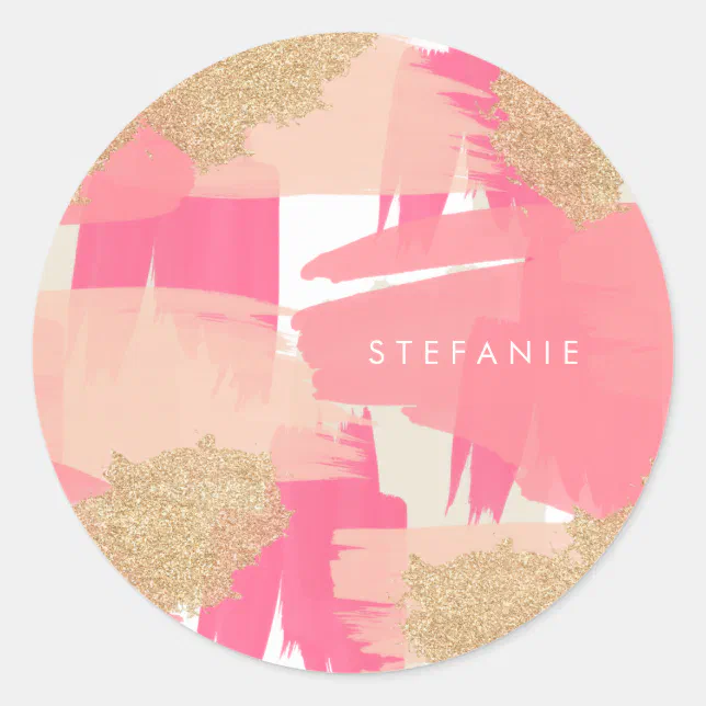 Modern Pink and Gold Glitter Abstract Pattern Classic Round Sticker ...
