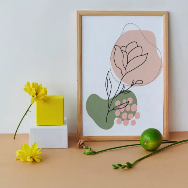 Modern Pink And Green Abstract Rose Line Art Poste Poster | Zazzle