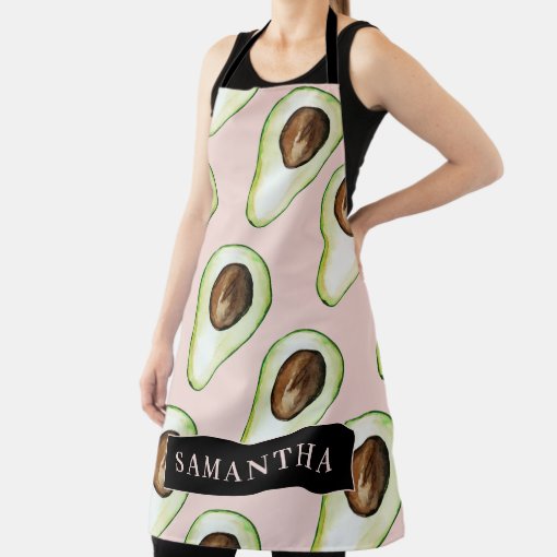 Modern Pink And Green Avocado Pattern With Name Apron | Zazzle