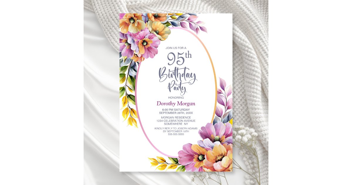 Modern Pink and Orange Floral 95th Birthday Party Invitation | Zazzle