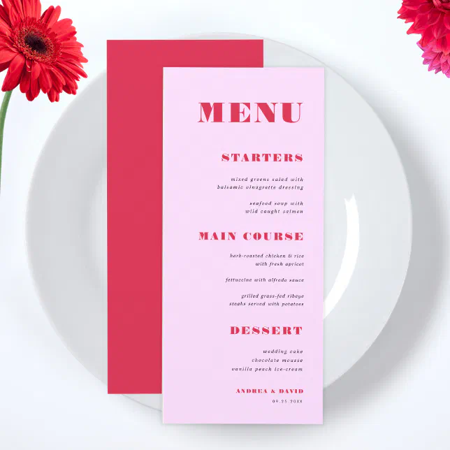 Modern Pink and Red Bold Typography Wedding Dinner Menu | Zazzle