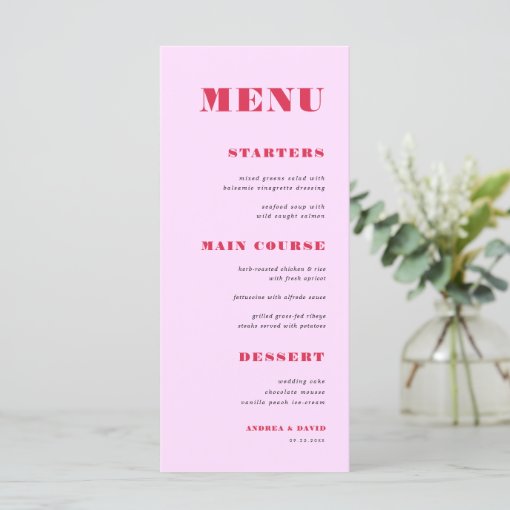 Modern Pink and Red Bold Typography Wedding Dinner Menu | Zazzle