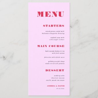 Modern Pink and Red Bold Typography Wedding Dinner Menu | Zazzle
