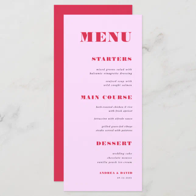 Modern Pink and Red Bold Typography Wedding Dinner Menu | Zazzle