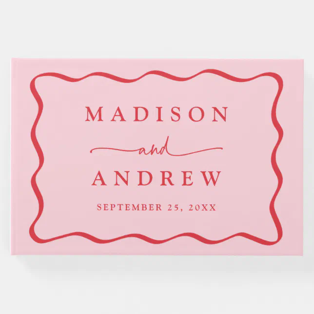 Modern Pink and Red Wavy Frame Photo Wedding Guest Book | Zazzle