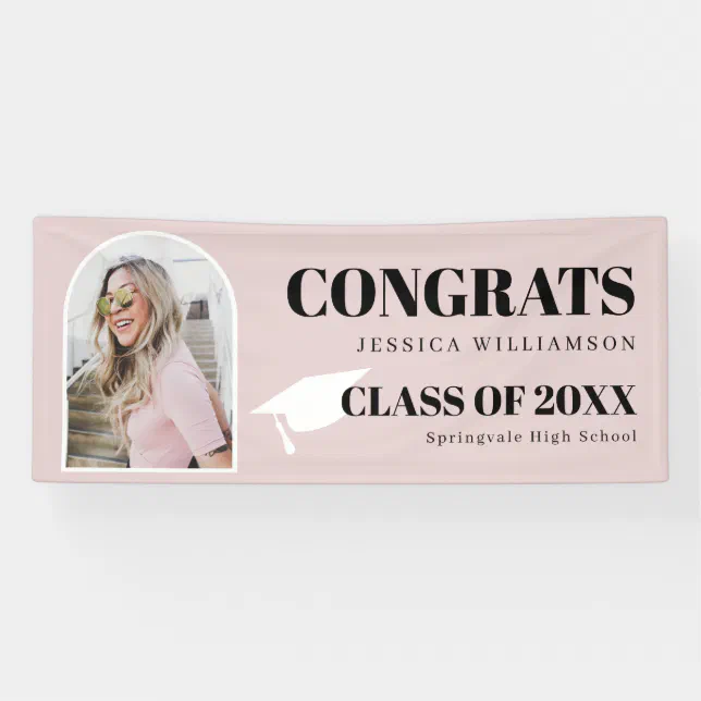Modern Pink Arch Photo Congrats Graduation Banner | Zazzle