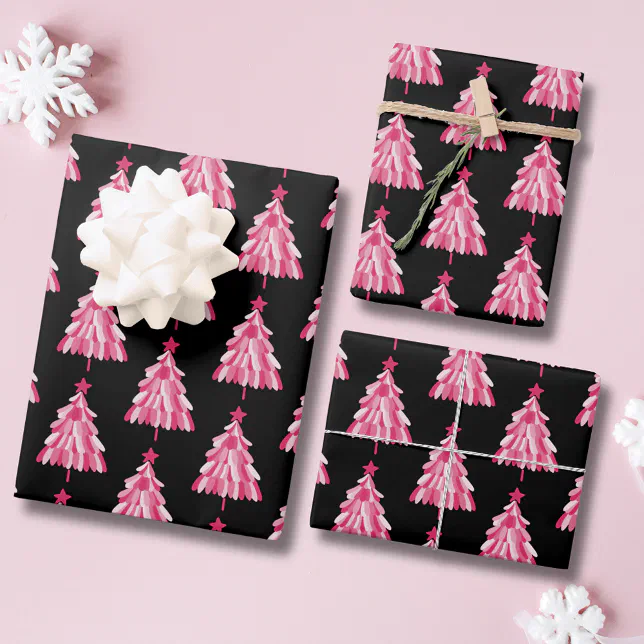 Modern Pink Black Christmas Tree Pattern Wrapping Paper Sheets | Zazzle