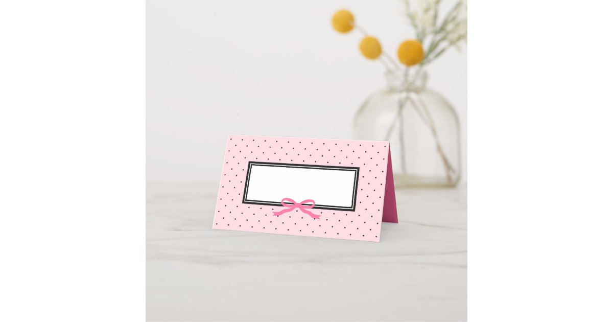 Modern Pink Black Polka Dot with Pink Ribbon Place Card | Zazzle
