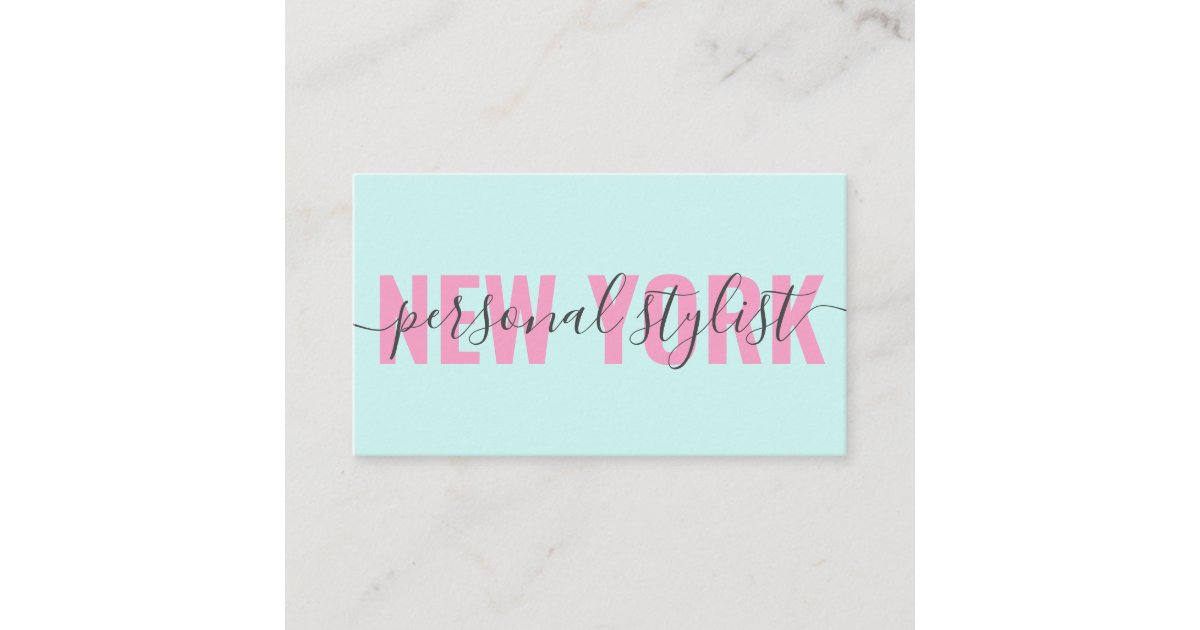 Modern pink blue fashion stylist script signature business card | Zazzle