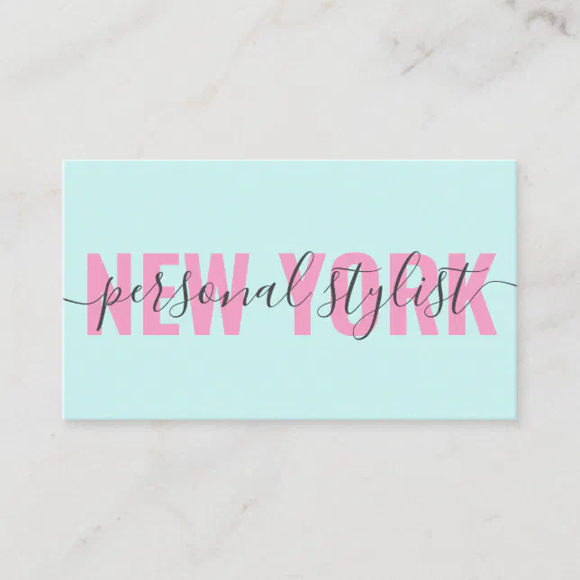 Modern pink blue fashion stylist script signature business card | Zazzle