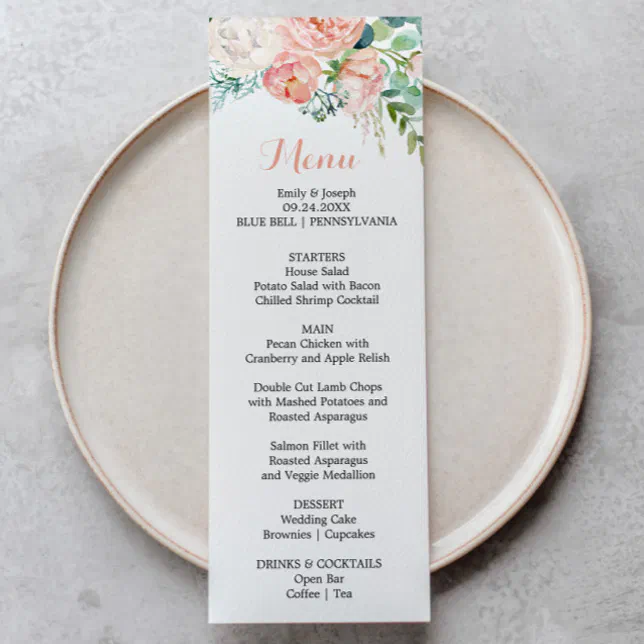 Modern Pink Blush Tropical Floral Dinner Menu Card | Zazzle