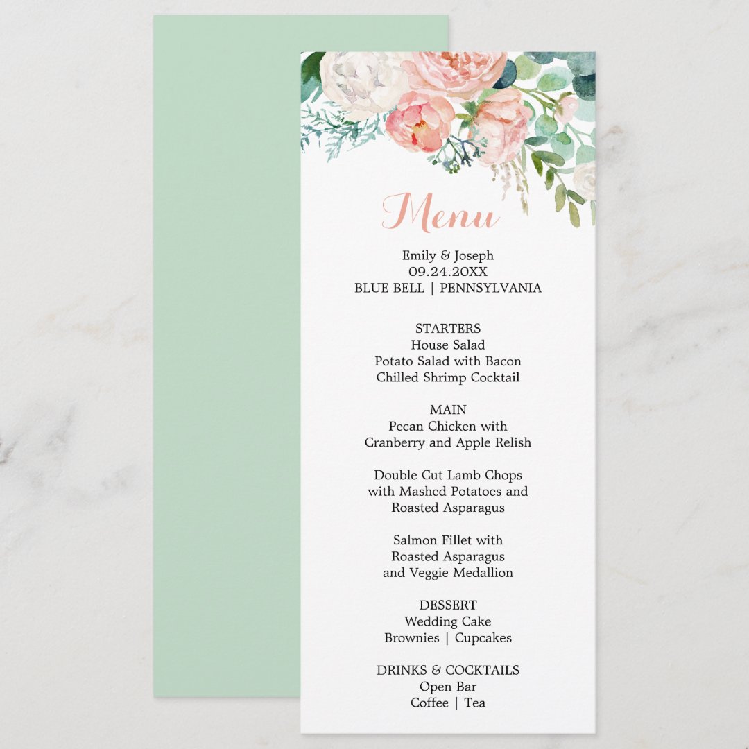 Modern Pink Blush Tropical Floral Dinner Menu Card | Zazzle