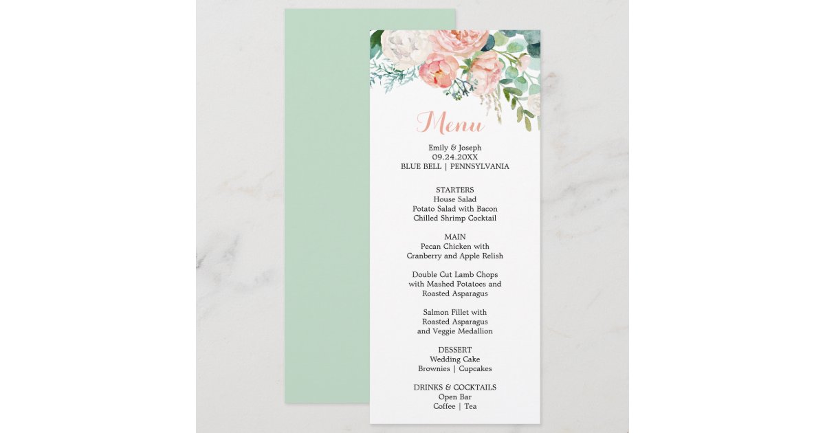 Modern Pink Blush Tropical Floral Dinner Menu Card | Zazzle