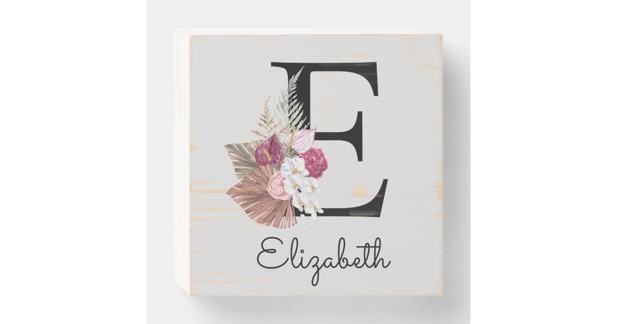 Modern Pink Boho Girly Floral Initial E Wooden Box Sign | Zazzle