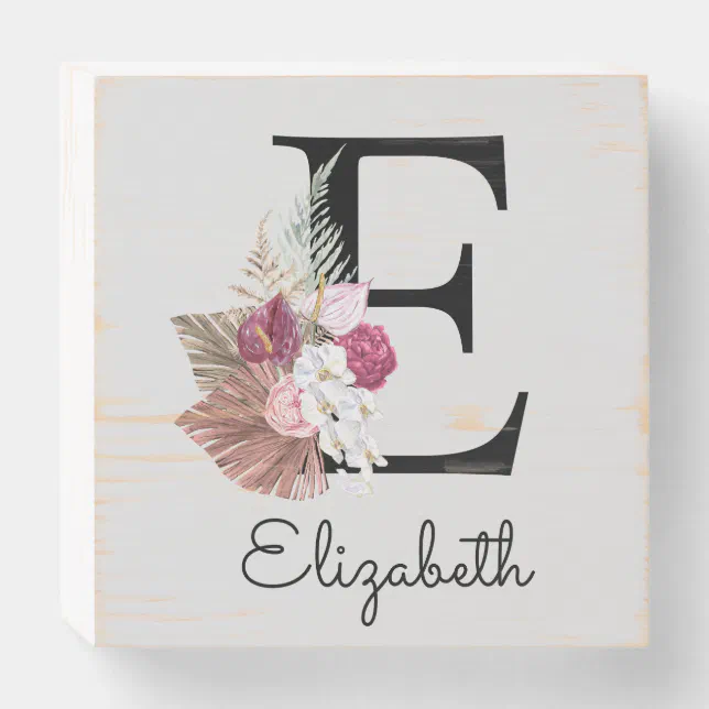 Modern Pink Boho Girly Floral Initial E Wooden Box Sign | Zazzle