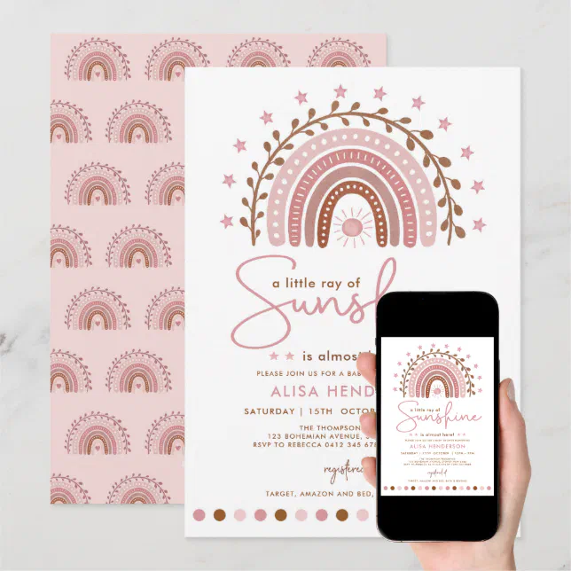Modern Pink Boho Rainbow Sunshine Girl Baby Shower Invitation | Zazzle