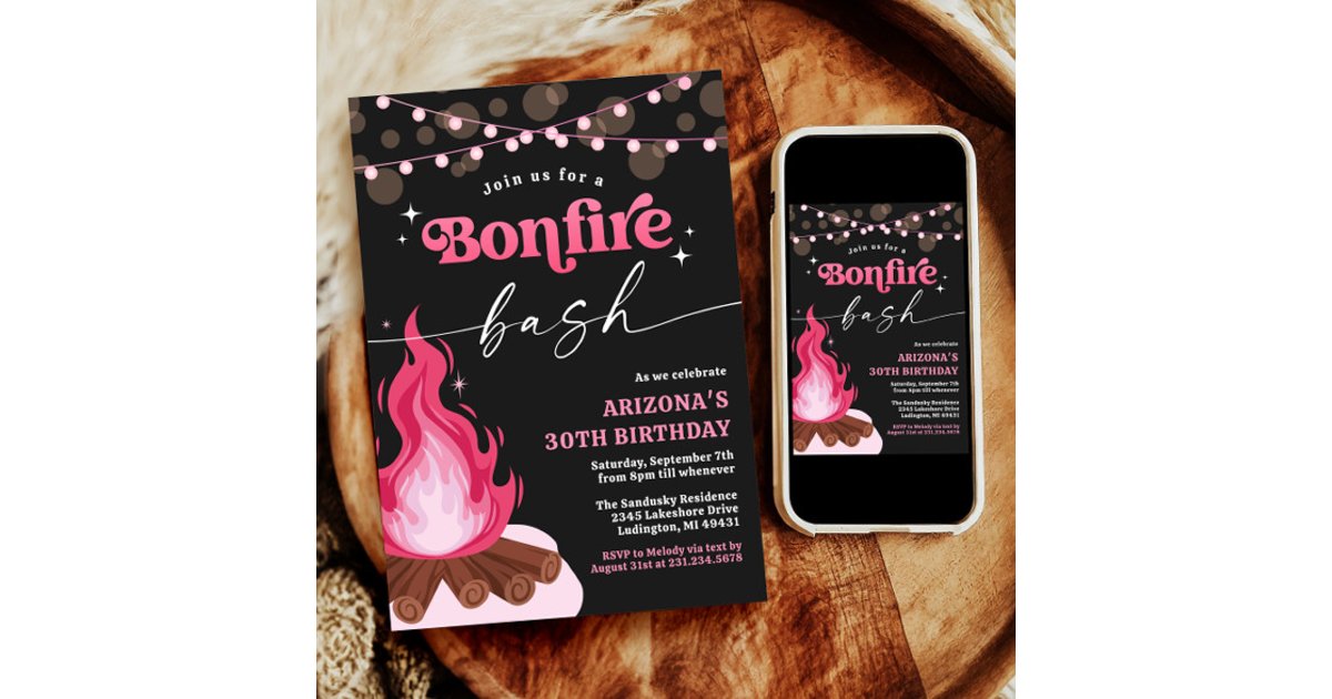 Modern Pink Bonfire Invitation - Bonfire Bash | Zazzle