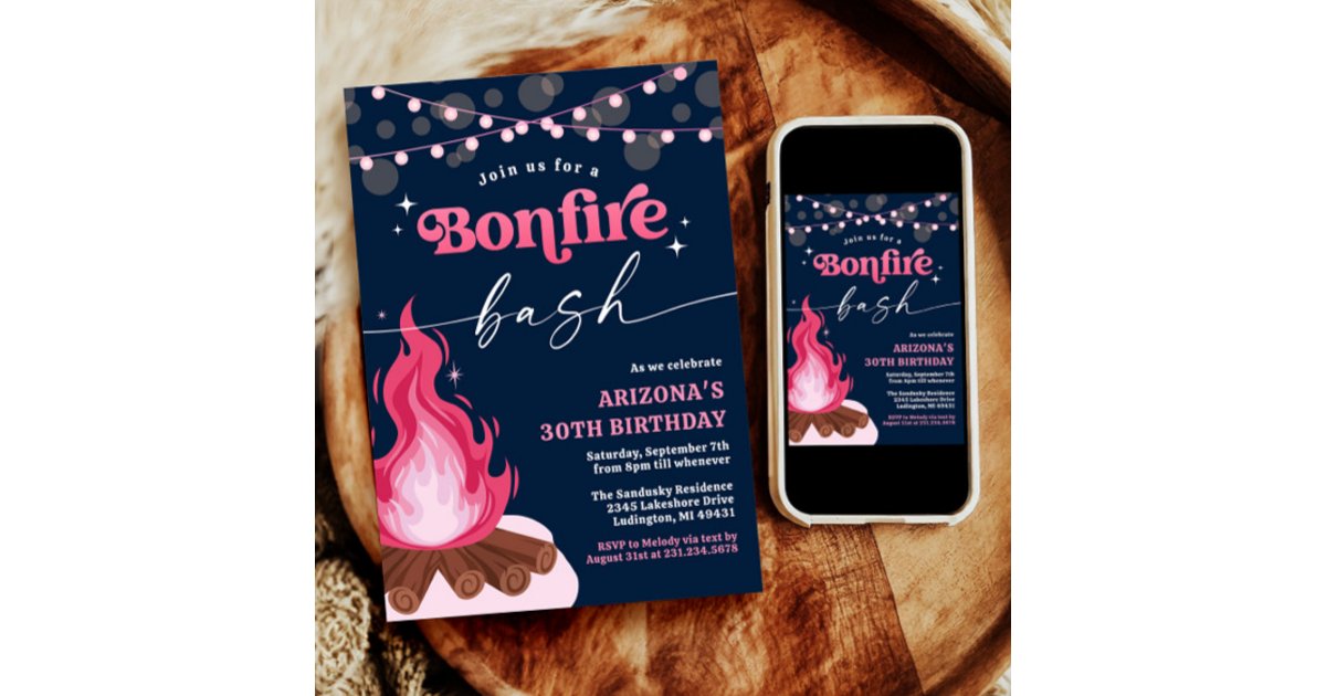 Modern Pink Bonfire Invitation, Bonfire Bash Invitation | Zazzle