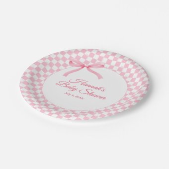 Modern Pink Bow Checkered Baby Shower Paper Plates | Zazzle