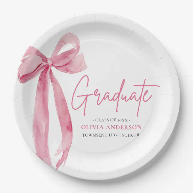 Modern Pink Bow Coquette Graduate Graduation Paper Plates | Zazzle
