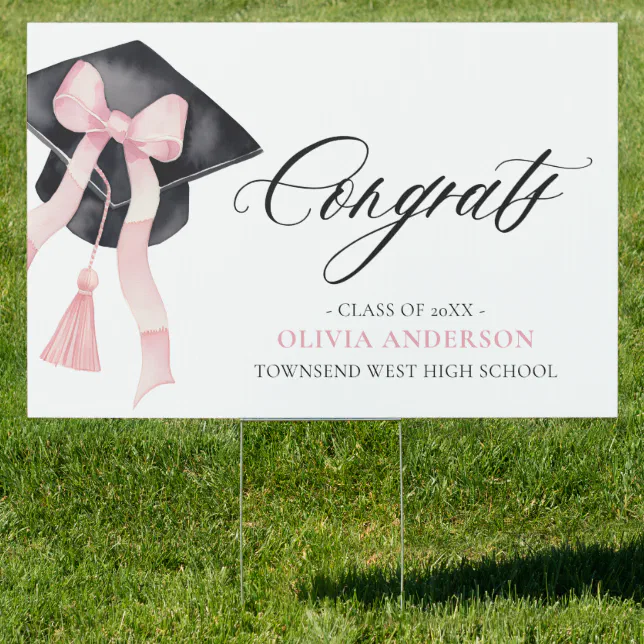 Modern Pink Bow Coquette Graduation Congrats Yard Sign | Zazzle