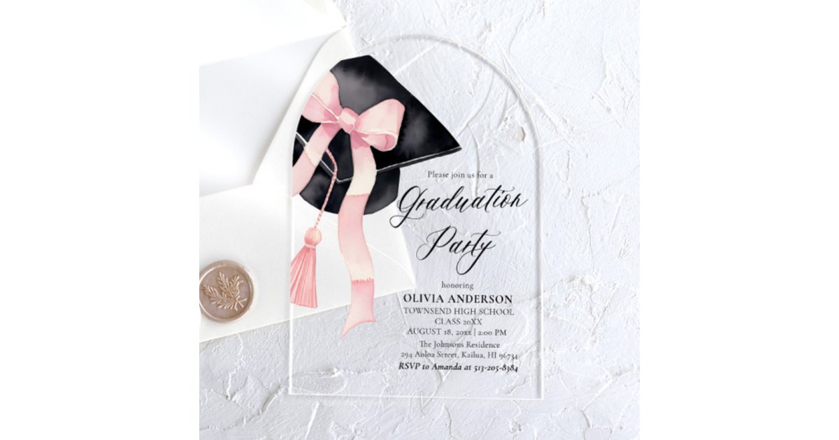 Modern Pink Bow Graduation Cap Arch Acrylic Invitations | Zazzle