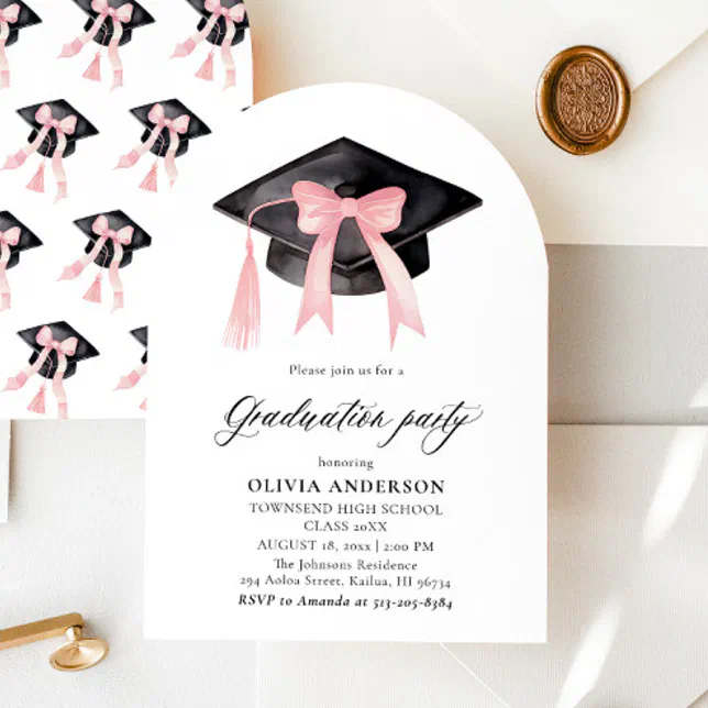 Modern Pink Bow Graduation Cap Graduation Arched Invitation | Zazzle