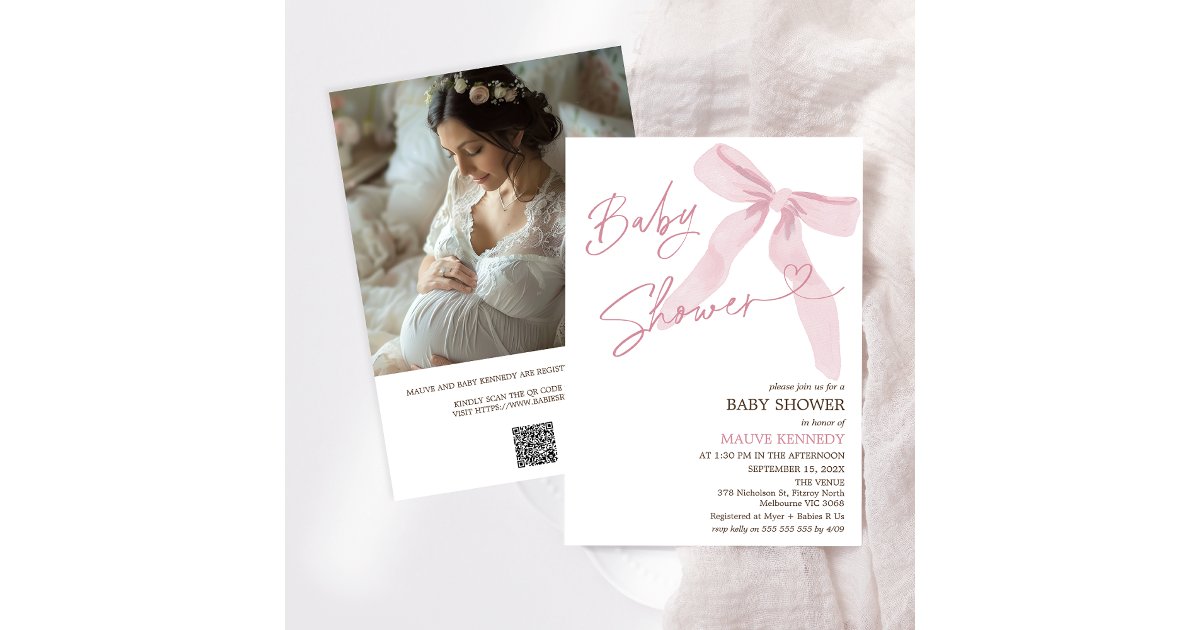 Modern Pink Bow QR Code Baby Shower Invitation | Zazzle