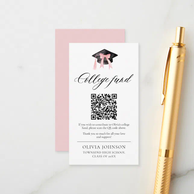 Modern Pink Bow QR Code College Fund Graduation Enclosure Card | Zazzle